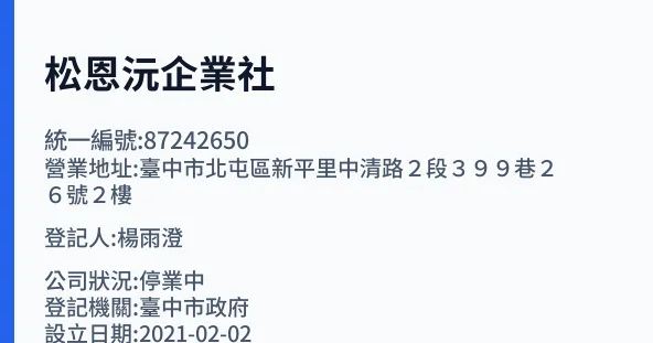 松恩沅企業社的照片-統編 87242650(臺中市) 公司登記資料與營業項目詳細圖表