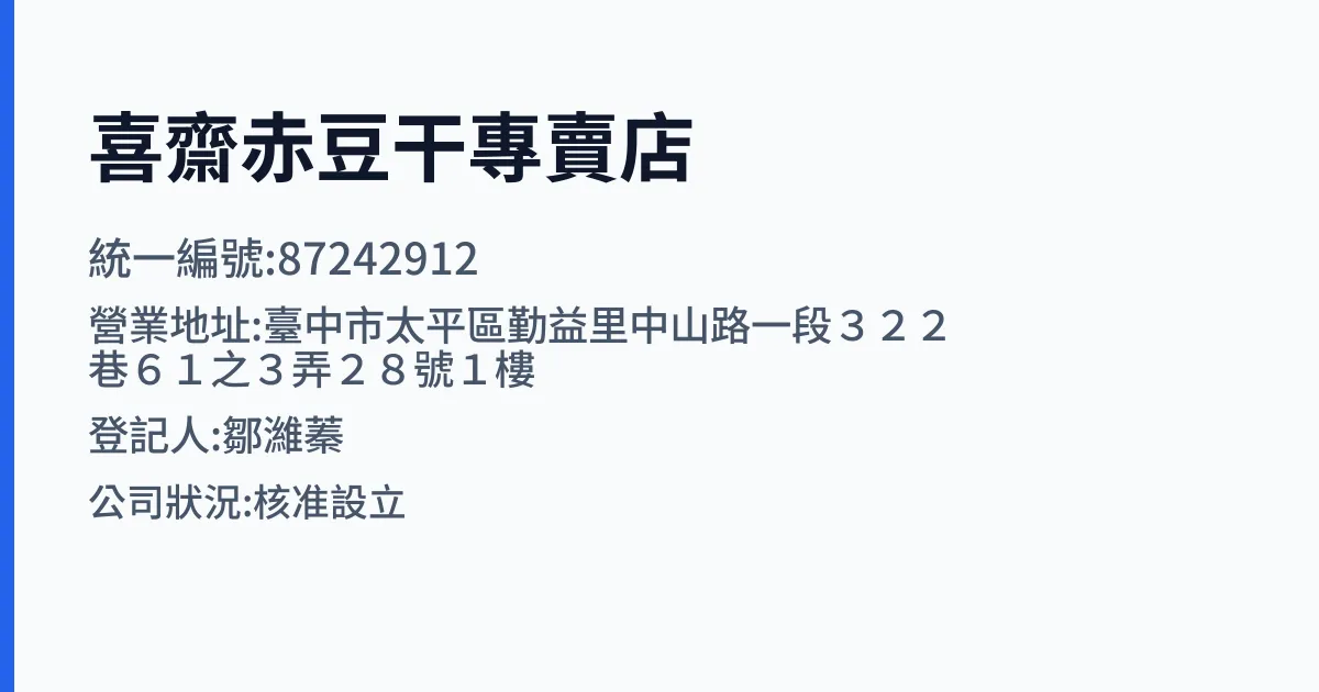喜齋赤豆干專賣店 - 統編 87242912(臺中市) 公司登記資料與營業項目詳細圖表