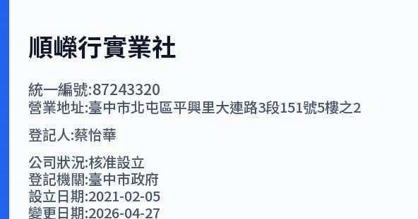 順嶸行實業社的照片-統編 87243320(臺中市) 公司登記資料與營業項目詳細圖表