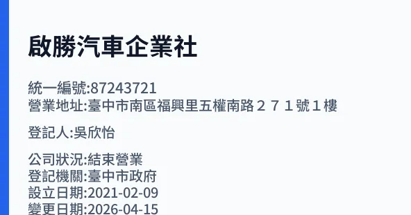 啟勝汽車企業社的照片-統編 87243721(臺中市) 公司登記資料與營業項目詳細圖表