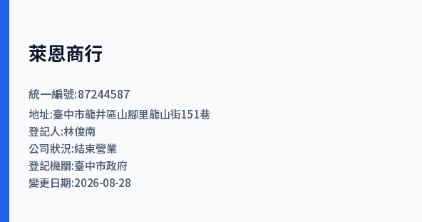 萊恩商行的照片-統編 87244587(臺中市) 公司登記資料與營業項目詳細圖表