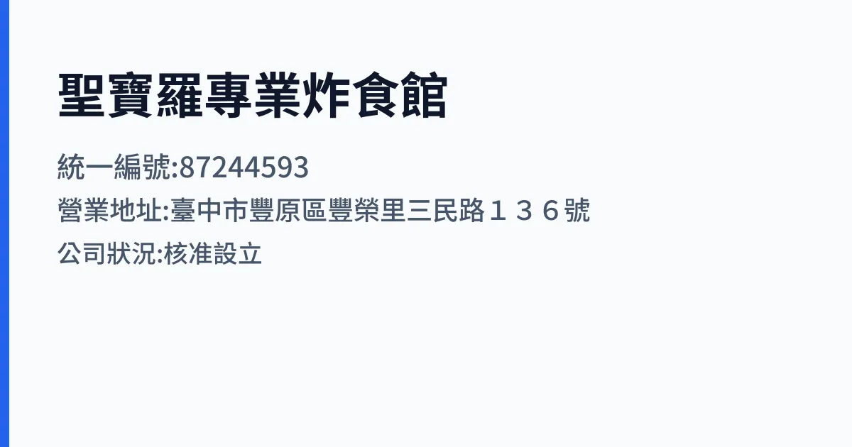 聖寶羅專業炸食館 - 統編 87244593(臺中市) 公司登記資料與營業項目詳細圖表