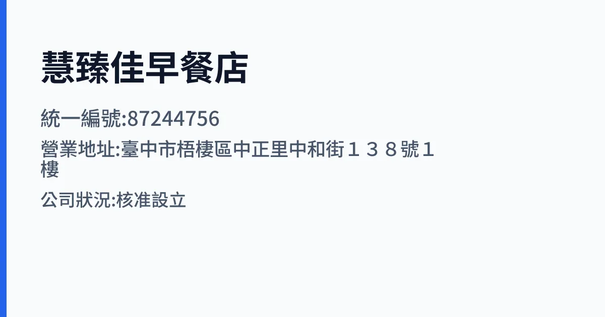 慧臻佳早餐店 - 統編 87244756(臺中市) 公司登記資料與營業項目詳細圖表