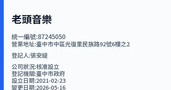 老頭音樂的照片-統編 87245050(臺中市) 公司登記資料與營業項目詳細圖表