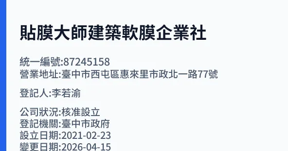 貼膜大師建築軟膜企業社的照片-統編 87245158(臺中市) 公司登記資料與營業項目詳細圖表