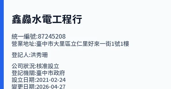 鑫灥水電工程行的照片-統編 87245208(臺中市) 公司登記資料與營業項目詳細圖表