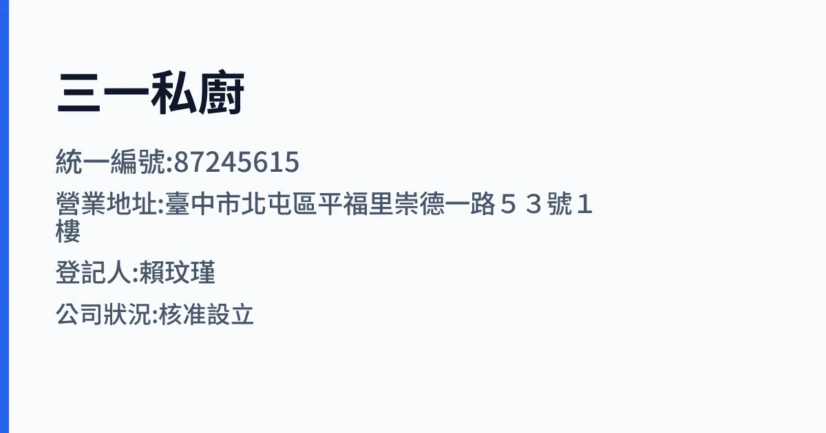 三一私廚 - 統編 87245615(臺中市) 公司登記資料與營業項目詳細圖表