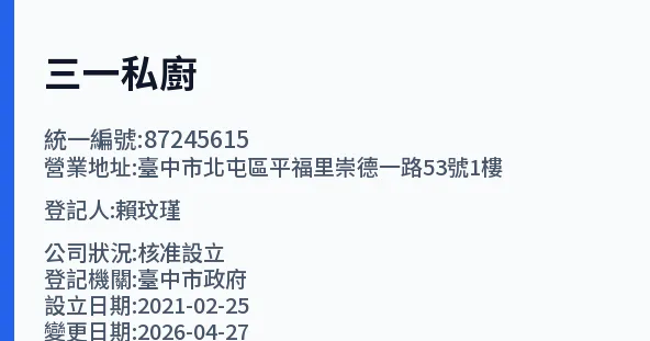 三一私廚的照片-統編 87245615(臺中市) 公司登記資料與營業項目詳細圖表