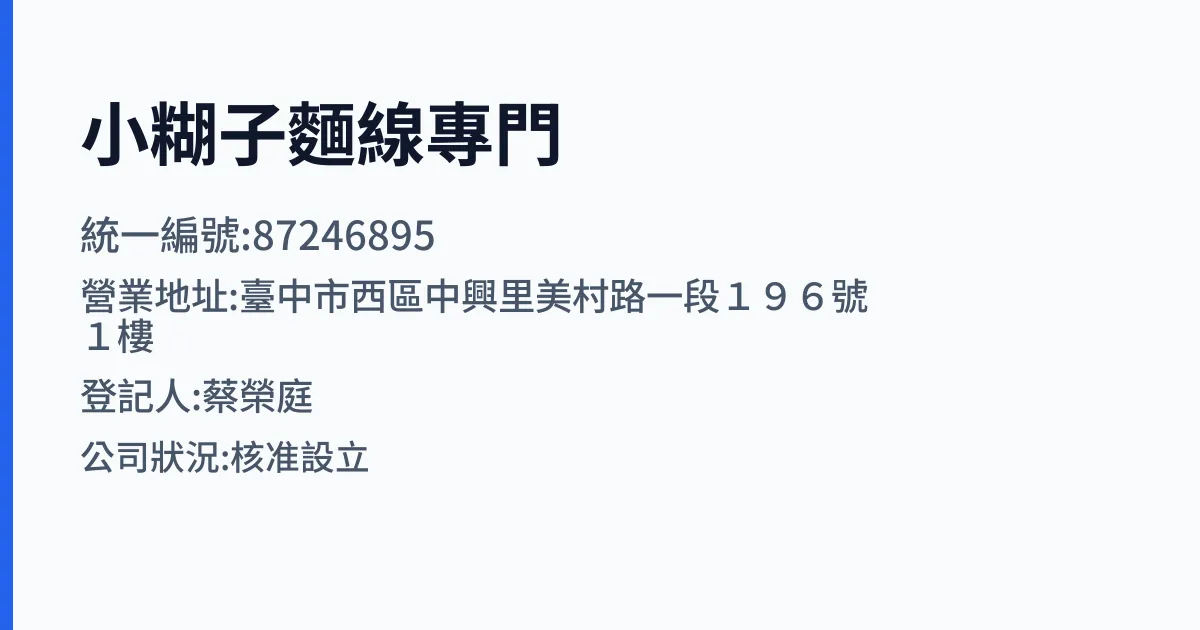 小糊子麵線專門 - 統編 87246895(臺中市) 公司登記資料與營業項目詳細圖表