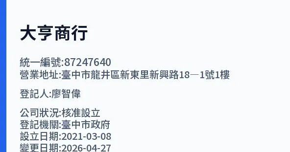 大亨商行的照片-統編 87247640(臺中市) 公司登記資料與營業項目詳細圖表