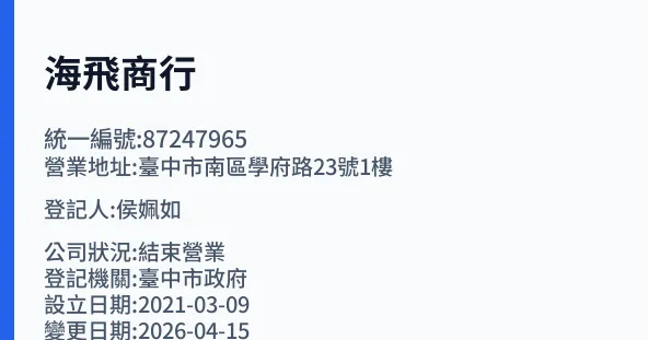 海飛商行的照片-統編 87247965(臺中市) 公司登記資料與營業項目詳細圖表