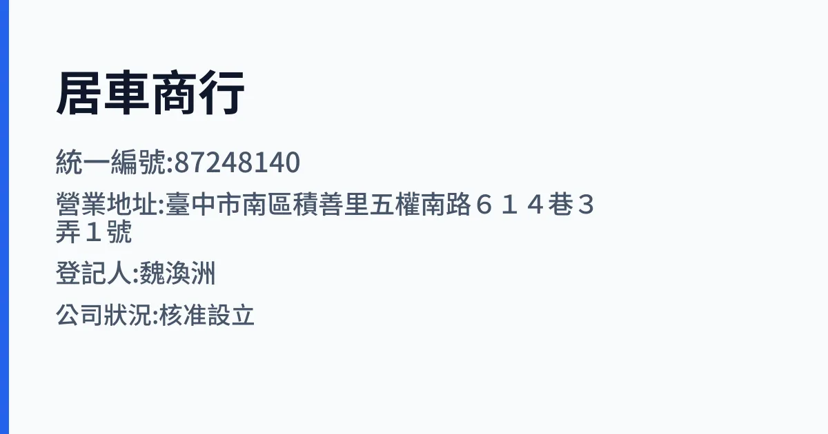 居車商行 - 統編 87248140(臺中市) 公司登記資料與營業項目詳細圖表