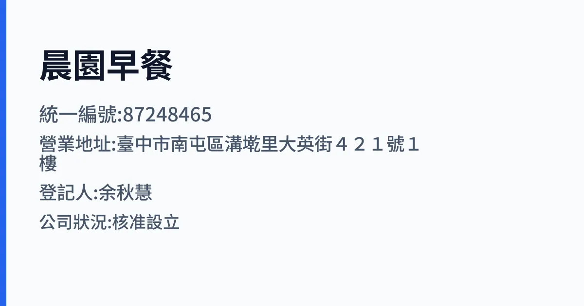 晨園早餐 - 統編 87248465(臺中市) 公司登記資料與營業項目詳細圖表