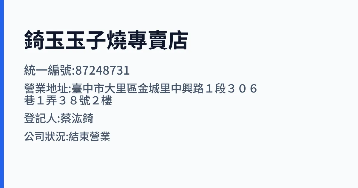 錡玉玉子燒專賣店 - 統編 87248731(臺中市) 公司登記資料與營業項目詳細圖表