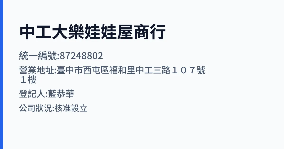 中工大樂娃娃屋商行 - 統編 87248802(臺中市) 公司登記資料與營業項目詳細圖表