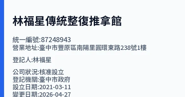 林福星傳統整復推拿館的照片-統編 87248943(臺中市) 公司登記資料與營業項目詳細圖表
