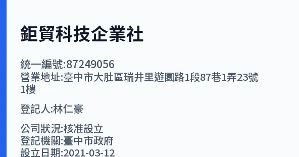 鉅貿科技企業社的照片-統編 87249056(臺中市) 公司登記資料與營業項目詳細圖表