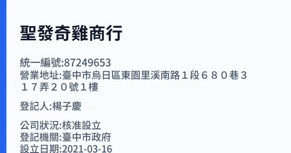 聖發奇雞商行的照片-統編 87249653(臺中市) 公司登記資料與營業項目詳細圖表
