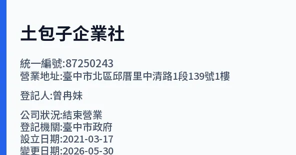 土包子企業社的照片-統編 87250243(臺中市) 公司登記資料與營業項目詳細圖表