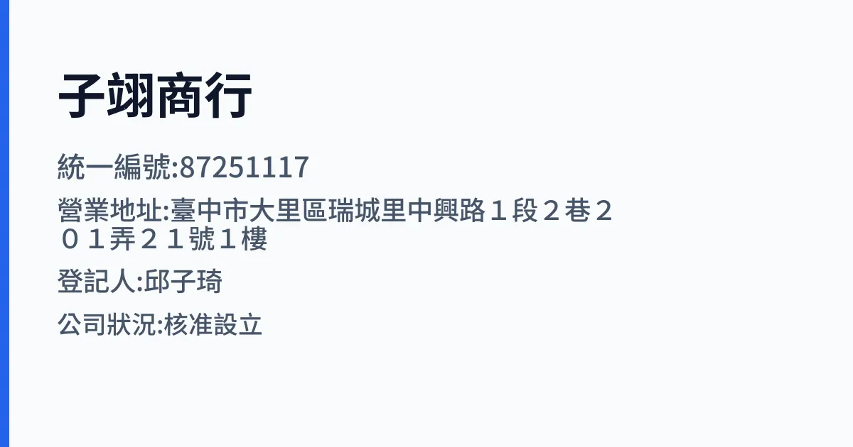 子翊商行 - 統編 87251117(臺中市) 公司登記資料與營業項目詳細圖表