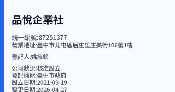 品悅企業社的照片-統編 87251377(臺中市) 公司登記資料與營業項目詳細圖表