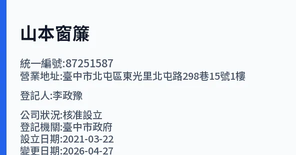 山本窗簾的照片-統編 87251587(臺中市) 公司登記資料與營業項目詳細圖表