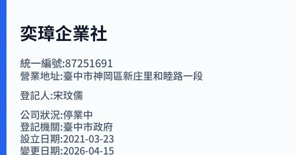 奕璋企業社的照片-統編 87251691(臺中市) 公司登記資料與營業項目詳細圖表