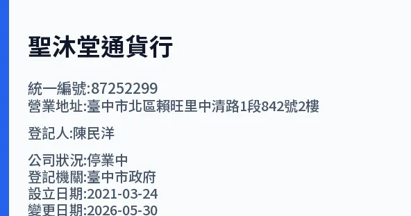 聖沐堂通貨行的照片-統編 87252299(臺中市) 公司登記資料與營業項目詳細圖表