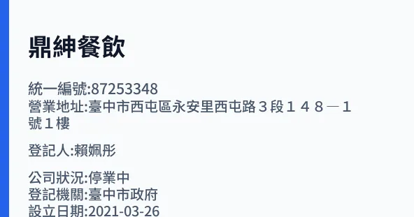 鼎紳餐飲的照片-統編 87253348(臺中市) 公司登記資料與營業項目詳細圖表