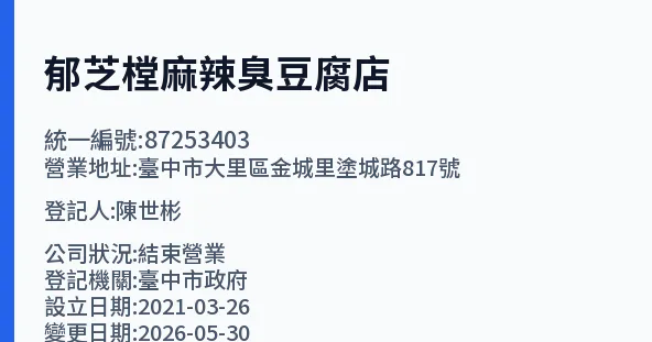 郁芝樘麻辣臭豆腐店的照片-統編 87253403(臺中市) 公司登記資料與營業項目詳細圖表