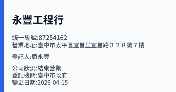 永豐工程行的照片-統編 87254162(臺中市) 公司登記資料與營業項目詳細圖表
