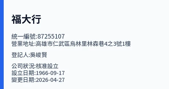 福大行的照片-統編 87255107(高雄市) 公司登記資料與營業項目詳細圖表