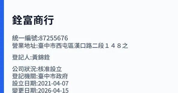 銓富商行的照片-統編 87255676(臺中市) 公司登記資料與營業項目詳細圖表
