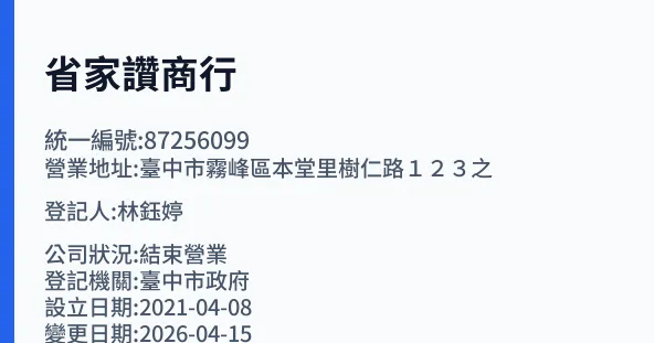 省家讚商行的照片-統編 87256099(臺中市) 公司登記資料與營業項目詳細圖表