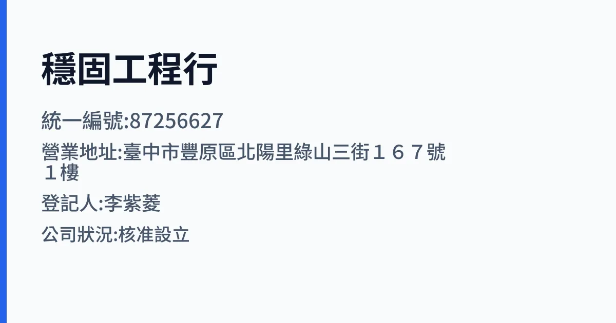 穩固工程行 - 統編 87256627(臺中市) 公司登記資料與營業項目詳細圖表