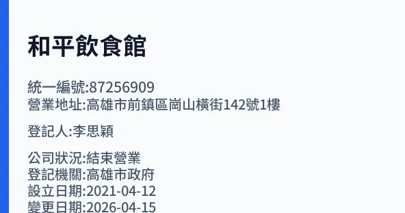 和平飲食館的照片-統編 87256909(高雄市) 公司登記資料與營業項目詳細圖表