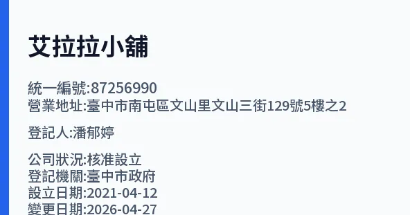 艾拉拉小舖的照片-統編 87256990(臺中市) 公司登記資料與營業項目詳細圖表