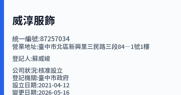 威淳服飾的照片-統編 87257034(臺中市) 公司登記資料與營業項目詳細圖表