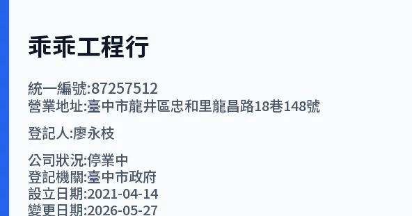 乖乖工程行的照片-統編 87257512(臺中市) 公司登記資料與營業項目詳細圖表