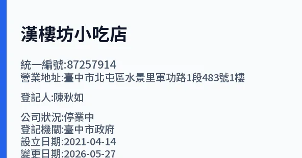 漢樓坊小吃店的照片-統編 87257914(臺中市) 公司登記資料與營業項目詳細圖表