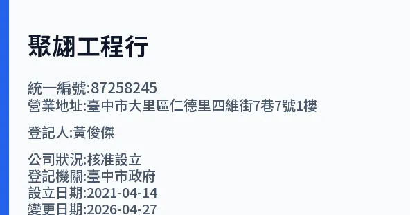 聚翃工程行的照片-統編 87258245(臺中市) 公司登記資料與營業項目詳細圖表