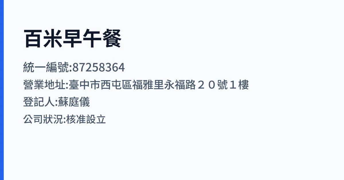 百米早午餐 - 統編 87258364(臺中市) 公司登記資料與營業項目詳細圖表