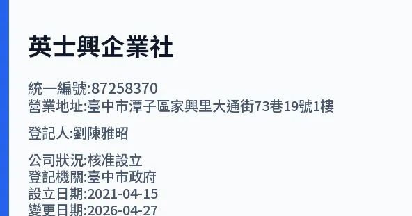 英士興企業社的照片-統編 87258370(臺中市) 公司登記資料與營業項目詳細圖表