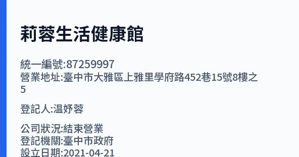 莉蓉生活健康館的照片-統編 87259997(臺中市) 公司登記資料與營業項目詳細圖表
