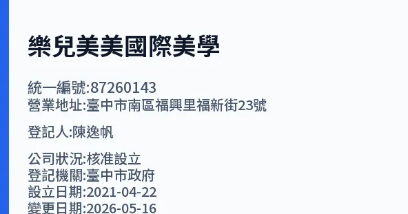 樂兒美美國際美學的照片-統編 87260143(臺中市) 公司登記資料與營業項目詳細圖表
