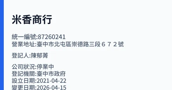 米香商行的照片-統編 87260241(臺中市) 公司登記資料與營業項目詳細圖表