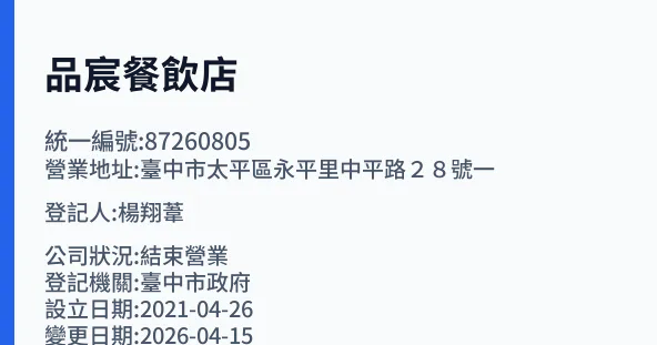 品宸餐飲店的照片-統編 87260805(臺中市) 公司登記資料與營業項目詳細圖表