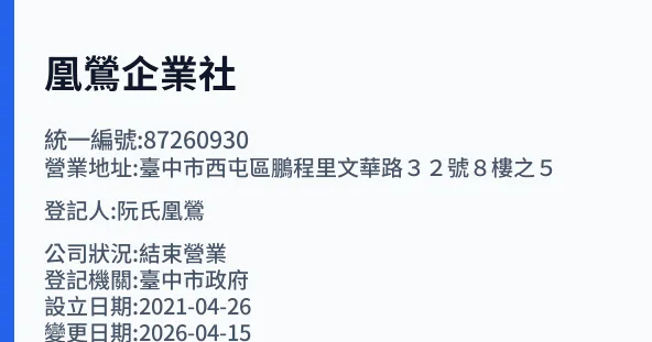 凰鶯企業社的照片-統編 87260930(臺中市) 公司登記資料與營業項目詳細圖表