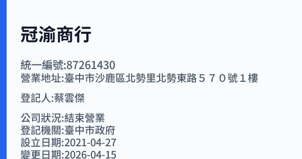 冠渝商行的照片-統編 87261430(臺中市) 公司登記資料與營業項目詳細圖表