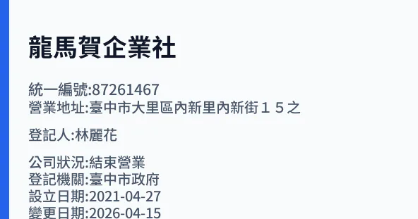 龍馬賀企業社的照片-統編 87261467(臺中市) 公司登記資料與營業項目詳細圖表